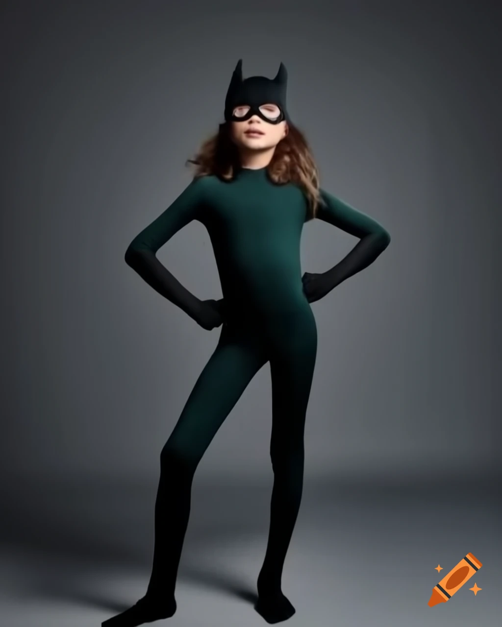 Girl in lycra superhero costume striking a strong pose but appearing ...