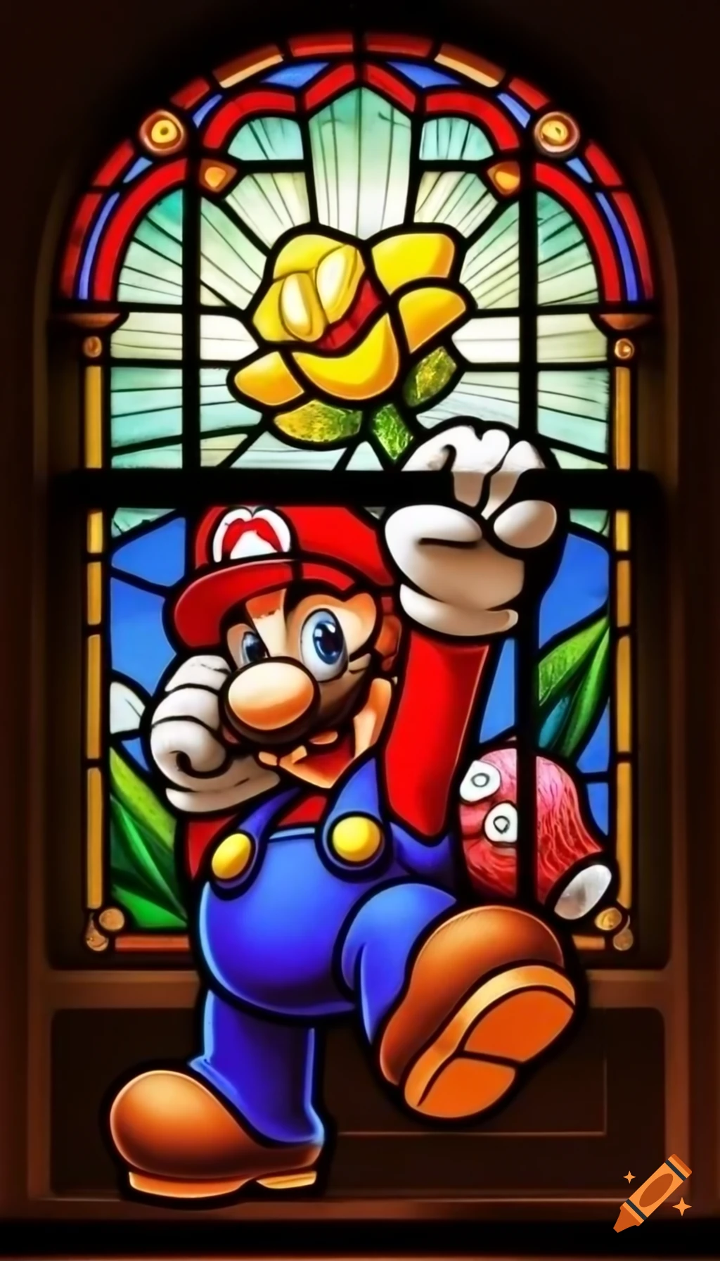 Stained glass window design featuring Super Mario collecting golden ...