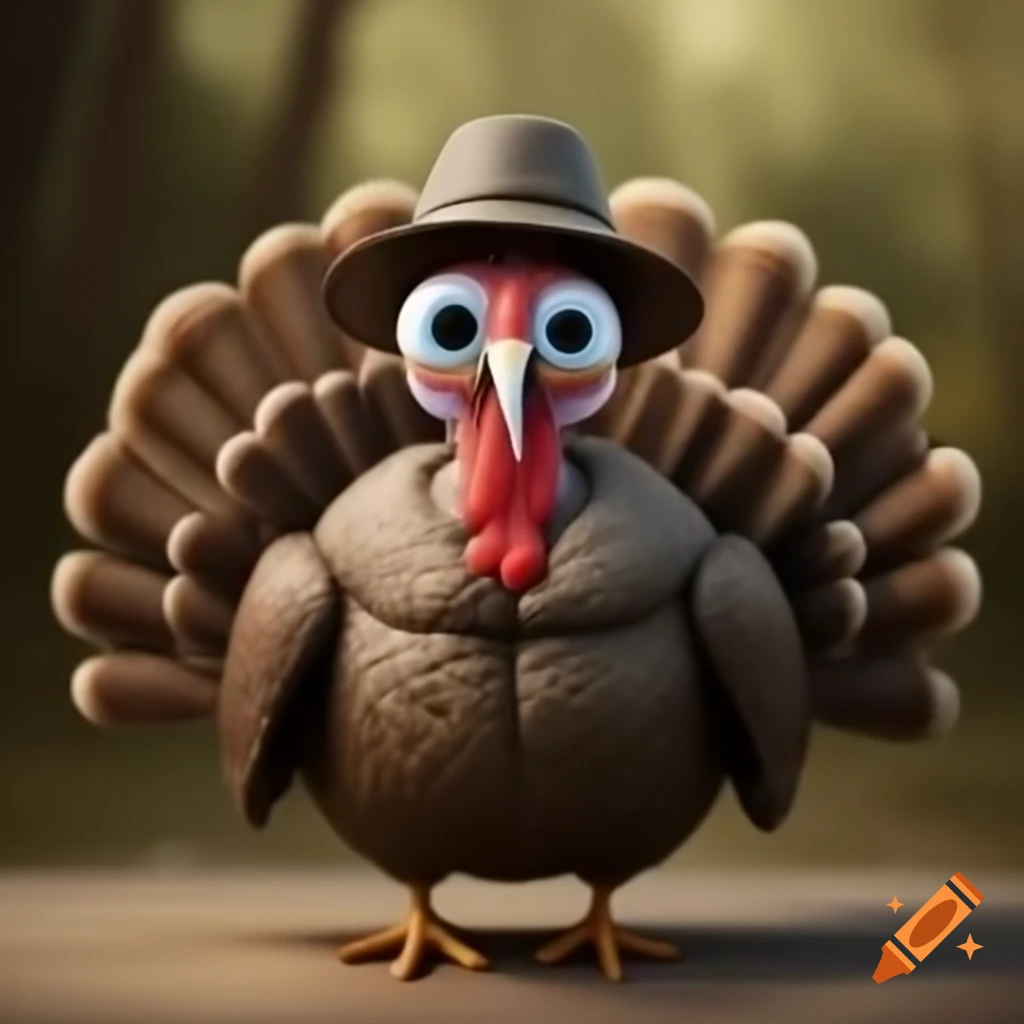Adorable turkey with big eyes wearing pilgrim hat on Craiyon