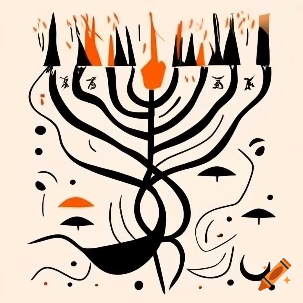 Abstract Hanukkah-themed menorah in the style of Alexander Calder with ...