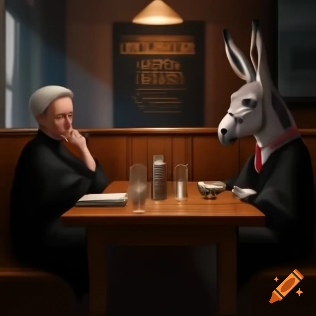 Reserved table with judge in black robe and donkey looking puzzled on ...