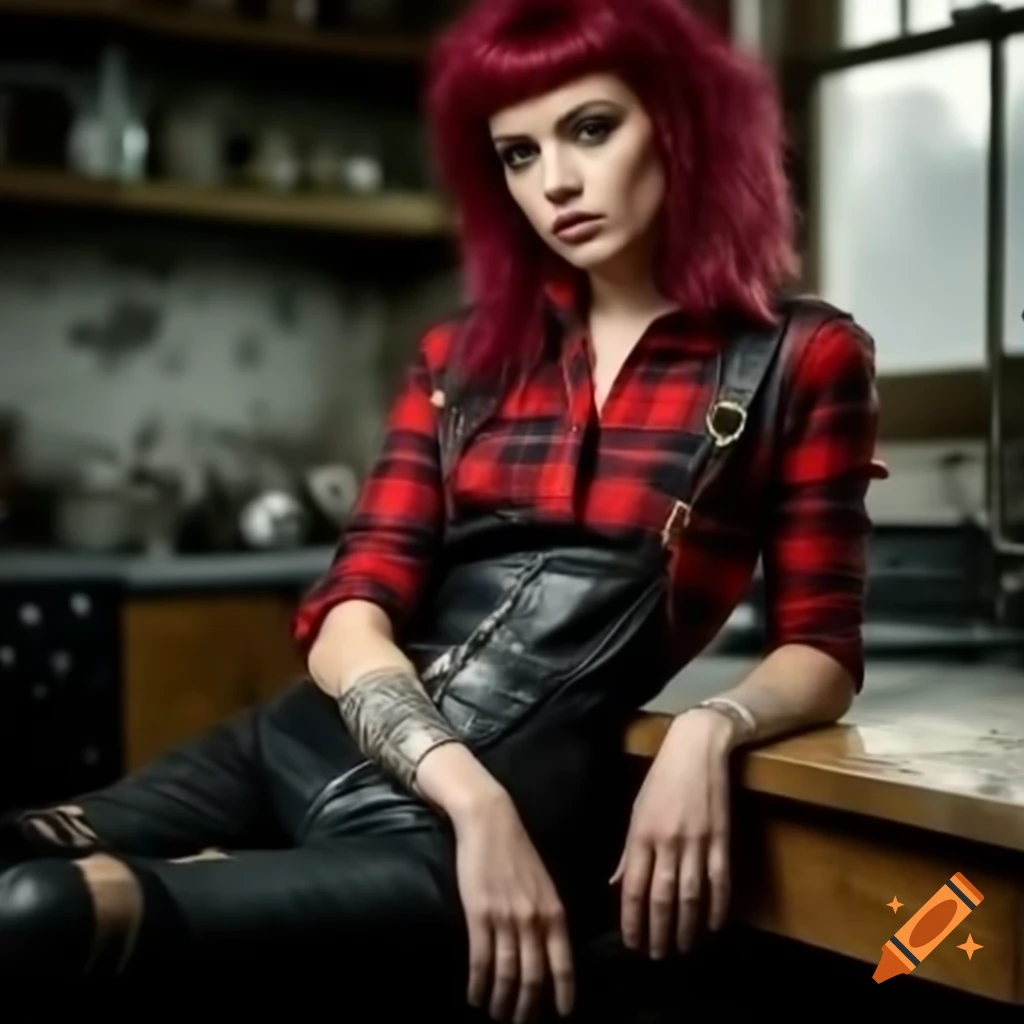 Punk-rocker female in red plaid shirt and black leather trousers ...