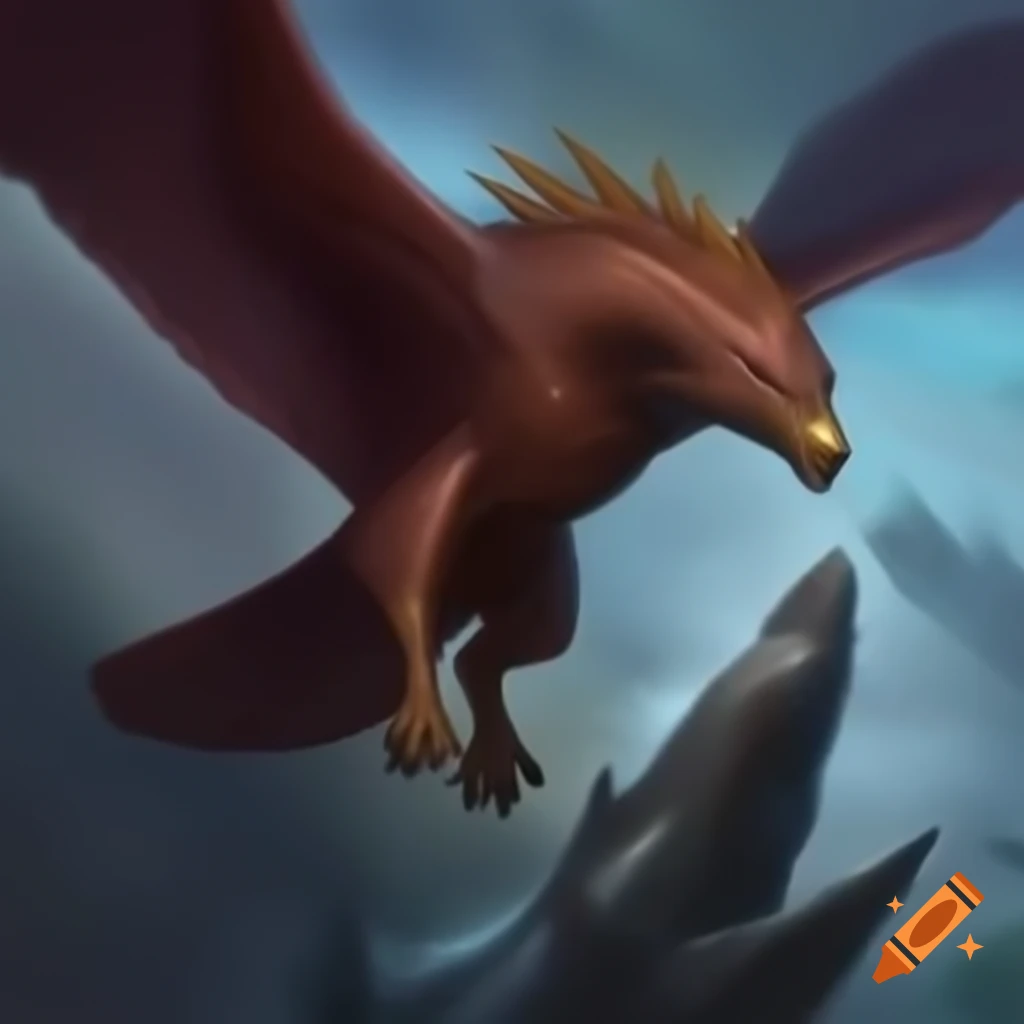 Chimeric creature composed of dragon, hawk, and wolf soaring in the sky ...