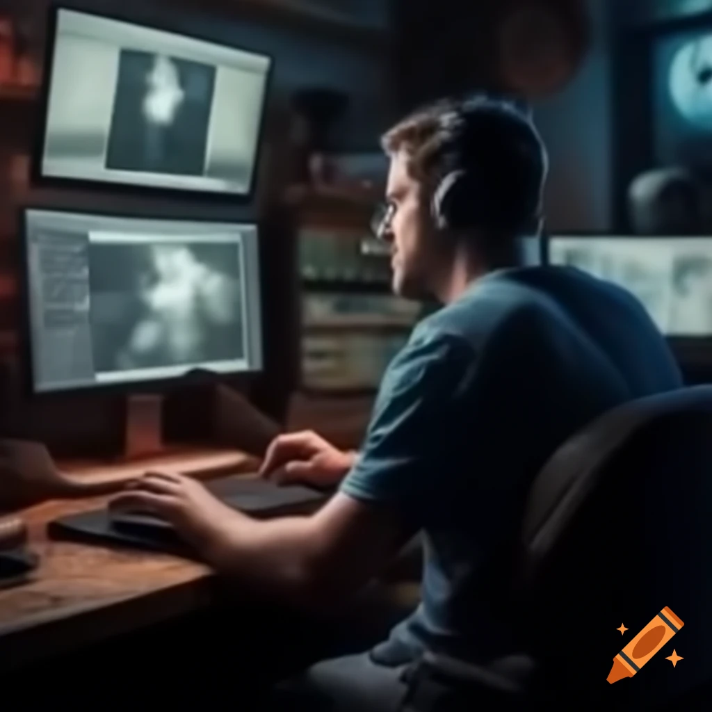 Man crafting youtube content in video editing room filled with creative ...