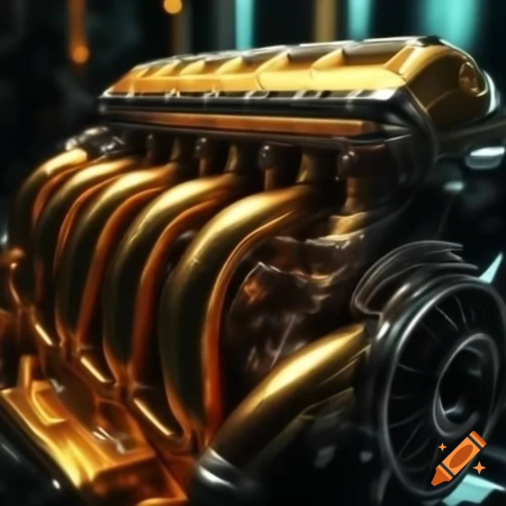 Close-up of high-performance engine with reflective surfaces and ...