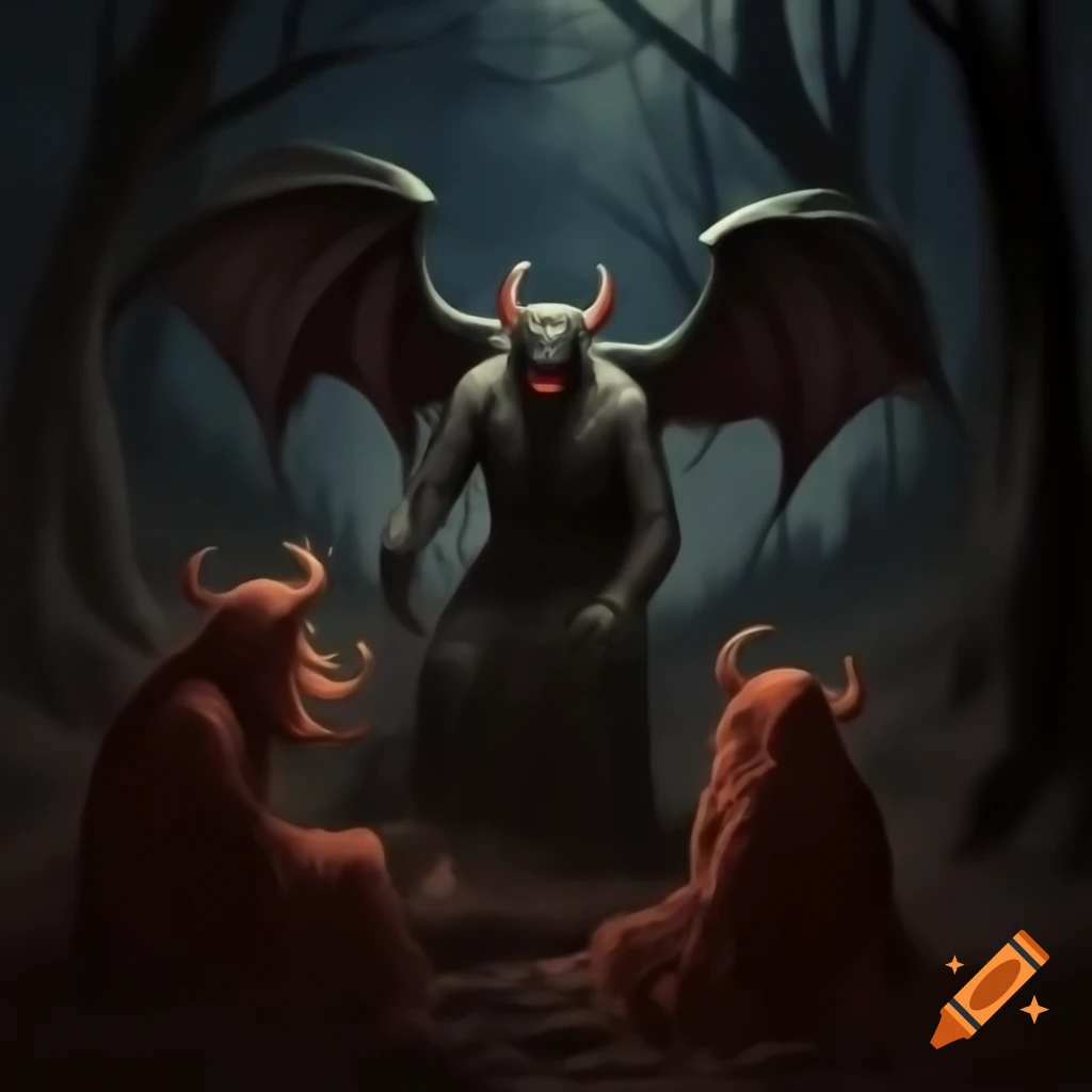 Dark vintage depiction of devil and demons lurking in night forest on ...