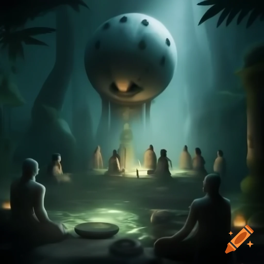 Ancient civilization performing ritual around glowing stone spheres in ...