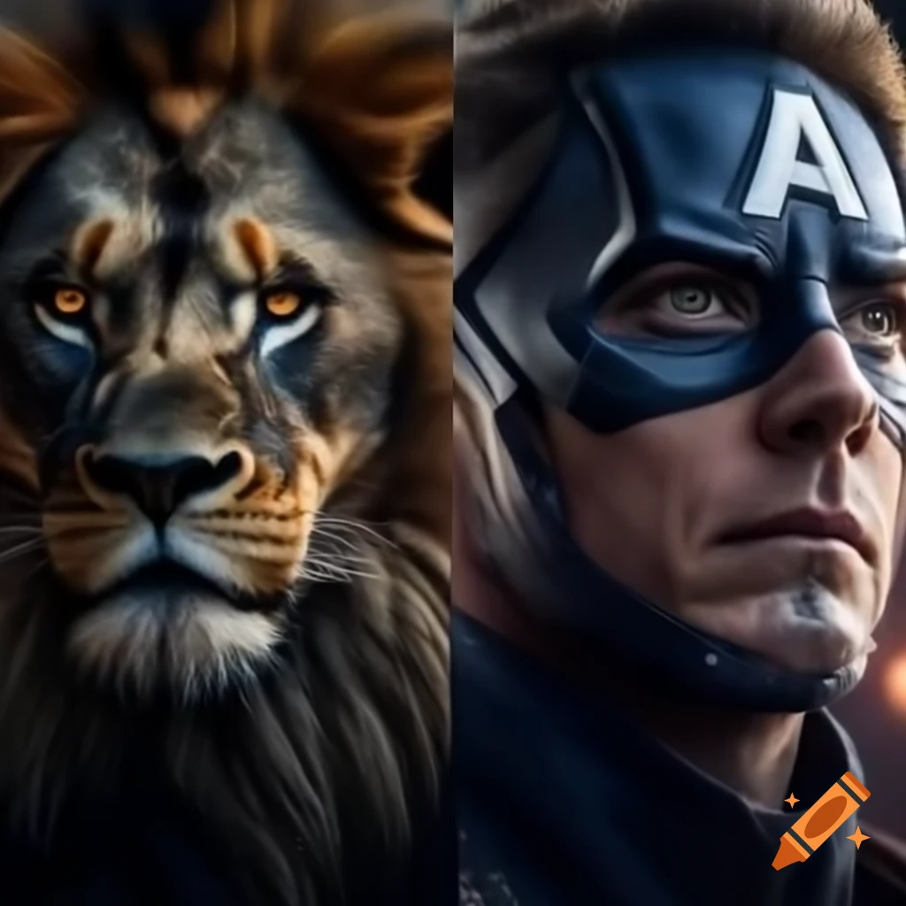 Lion and Captain America facing each other with intense expressions in ...