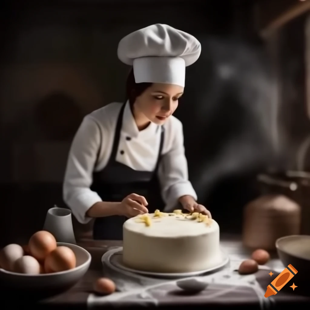 Female chef creating an elegant cake with strawberries and whipped ...