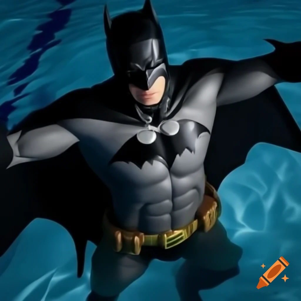 Batman training in olympic-sized pool with focused expression on Craiyon