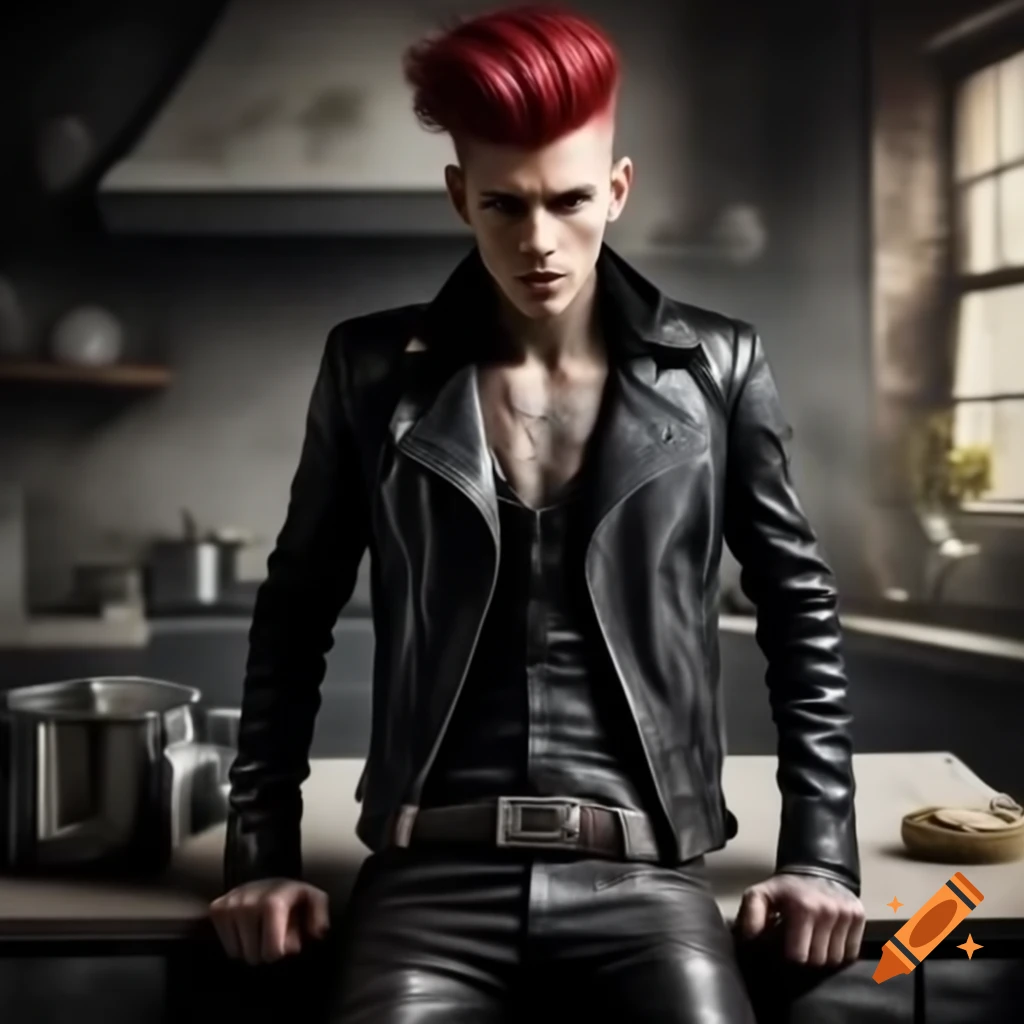 Ultra HD portrait of punk-rocker male in kitchen wearing leather jacket ...