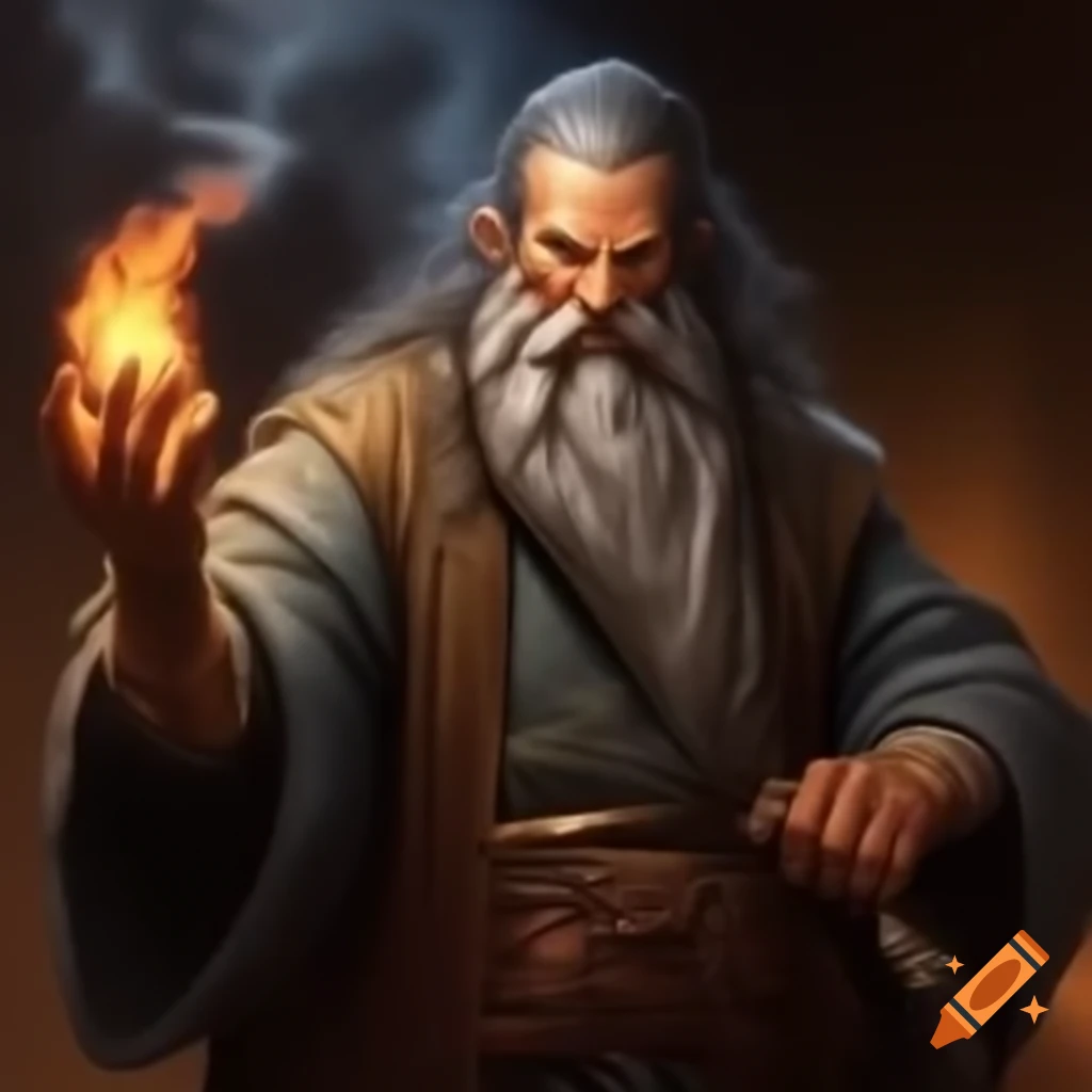 Confident wizard with gray buzzcut preparing to cast fireball on Craiyon