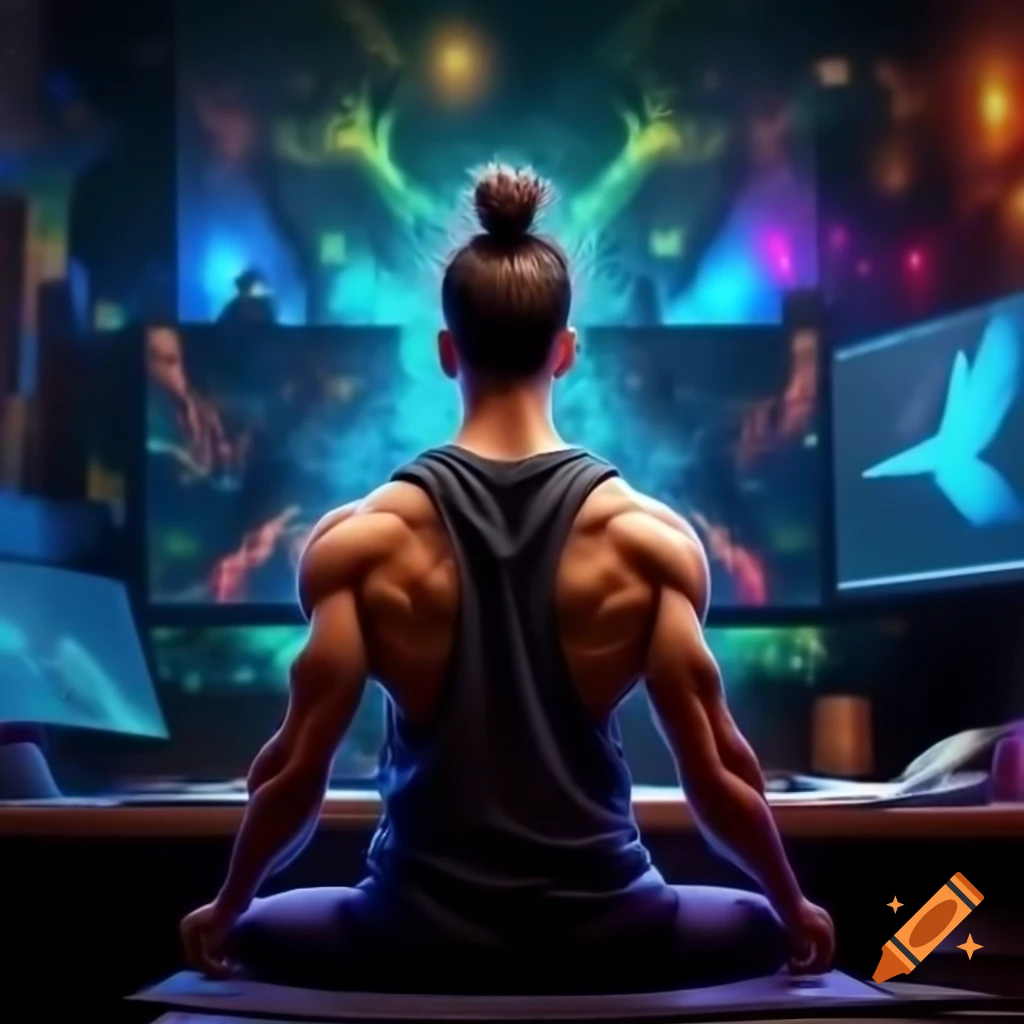 Male yoga instructor meditating by RGB computer setup, blending ...
