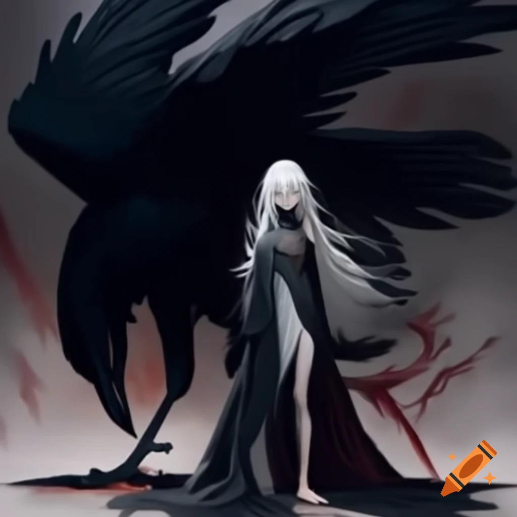 Spectral maiden with raven hair in dramatic manga style with bold ...