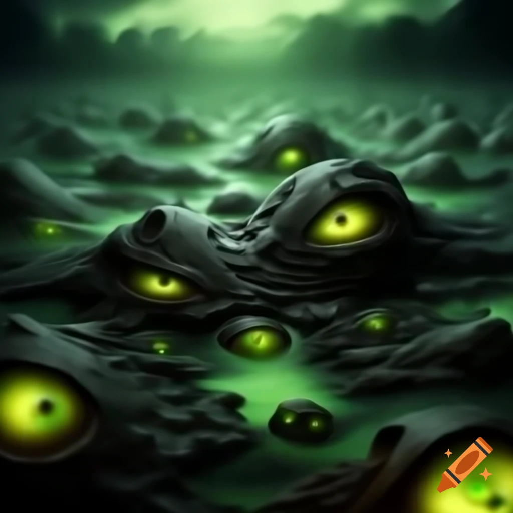 Realistic green glowing mutated ooze sludge with eyes against yellow ...