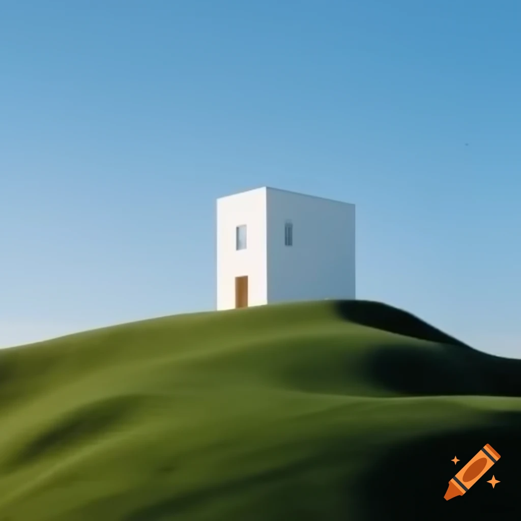 Simple white liminal house on green hill under light blue sky on Craiyon