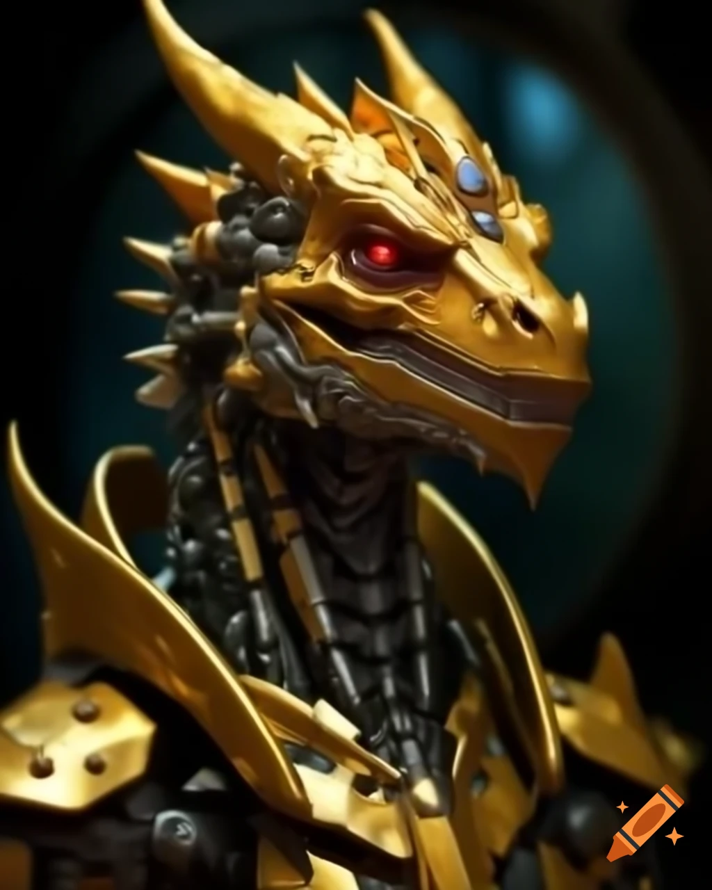 Gold robot kobold with ruby red eyes, full body view on Craiyon