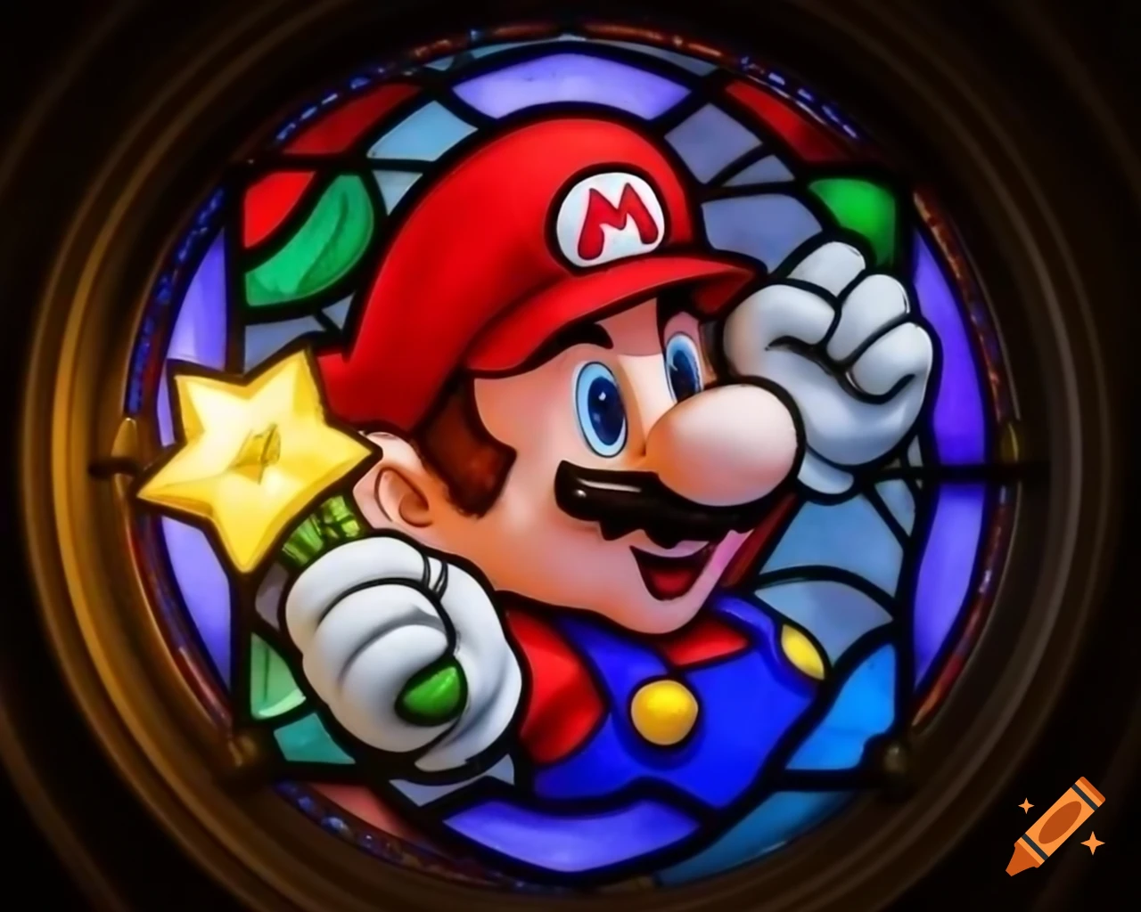 Stained glass artwork of Super Mario picking up golden flower on Craiyon
