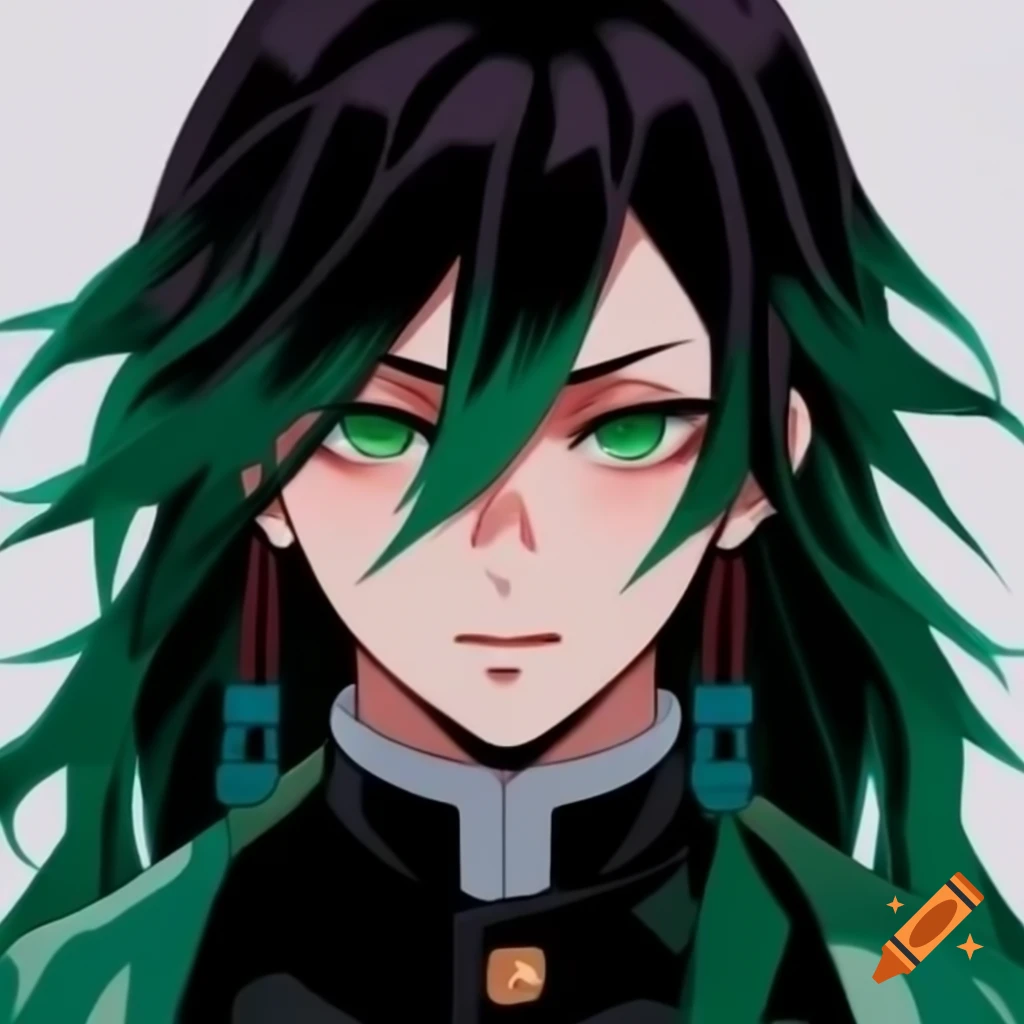 Muichiro Tokito from Demon Slayer in black kimono with green hair ...
