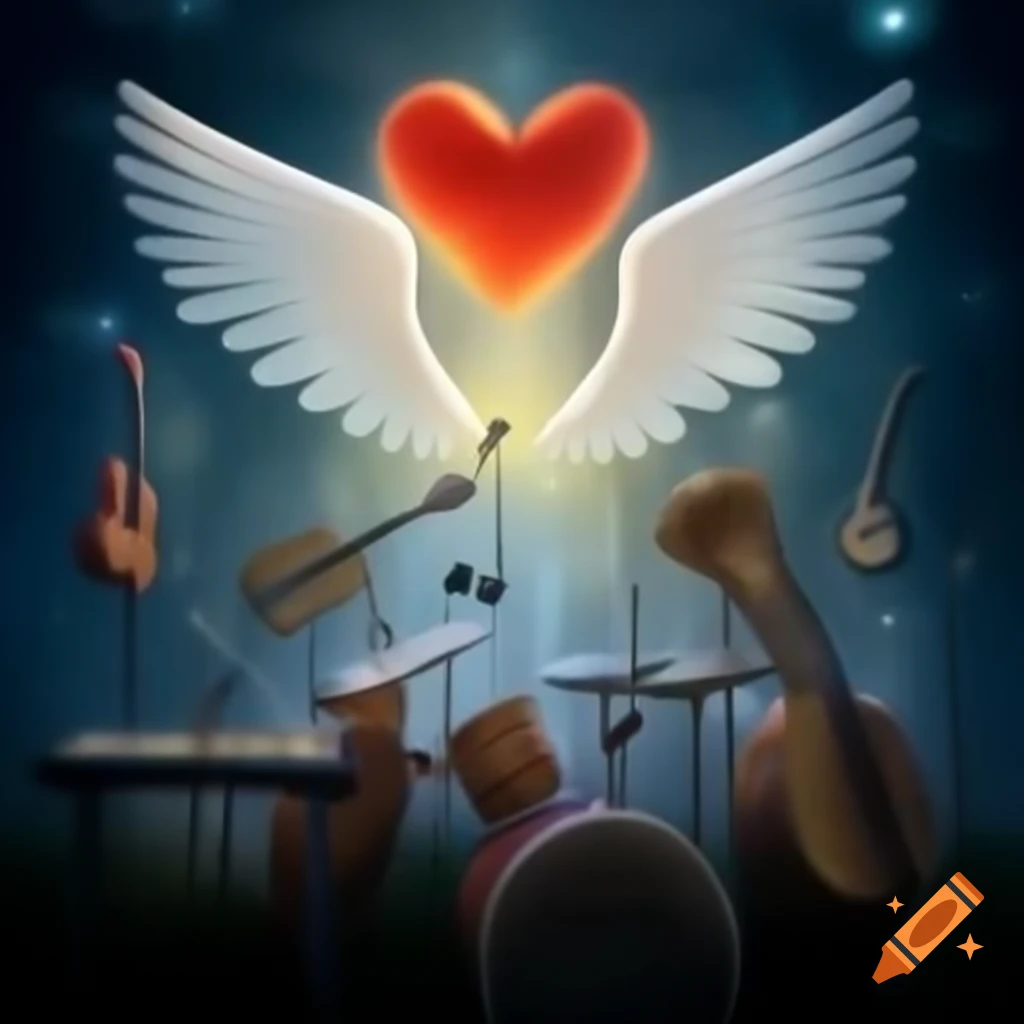 Large angel wings with musical instruments and heart featuring a ...
