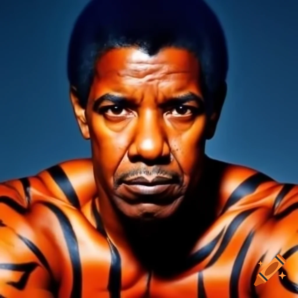 Muscular figure with tiger-style makeup featuring blue hair and orange ...