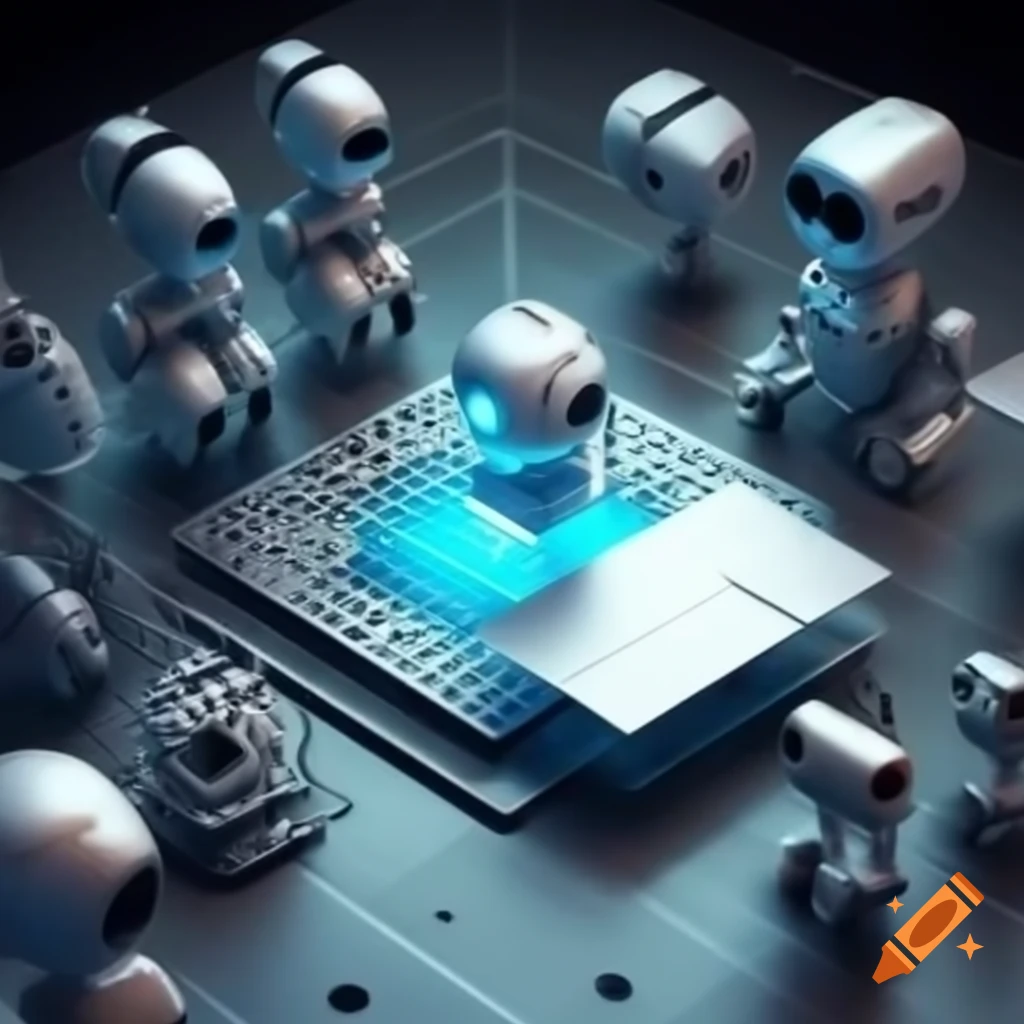 Robots and machines collaborating in a symphony with sophisticated software on Craiyon