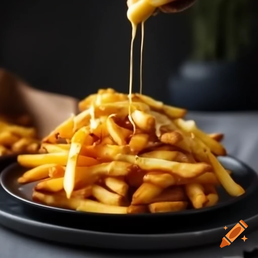 Cheesy French fries with cheese drizzle on black tray against blurred ...