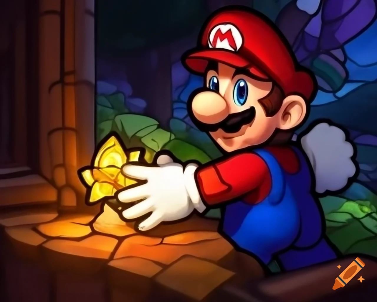 Stained glass window featuring Super Mario collecting a golden flower ...