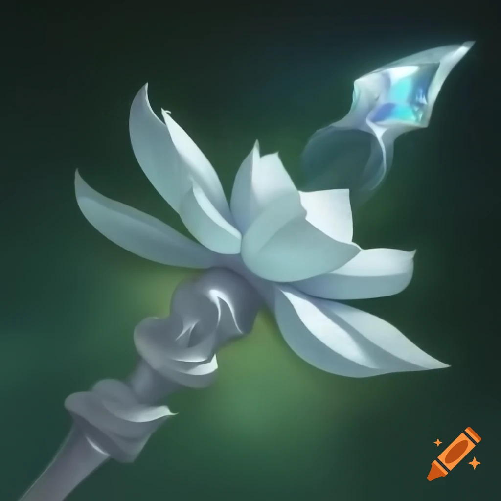White cleric staff topped with a crystal flower on Craiyon