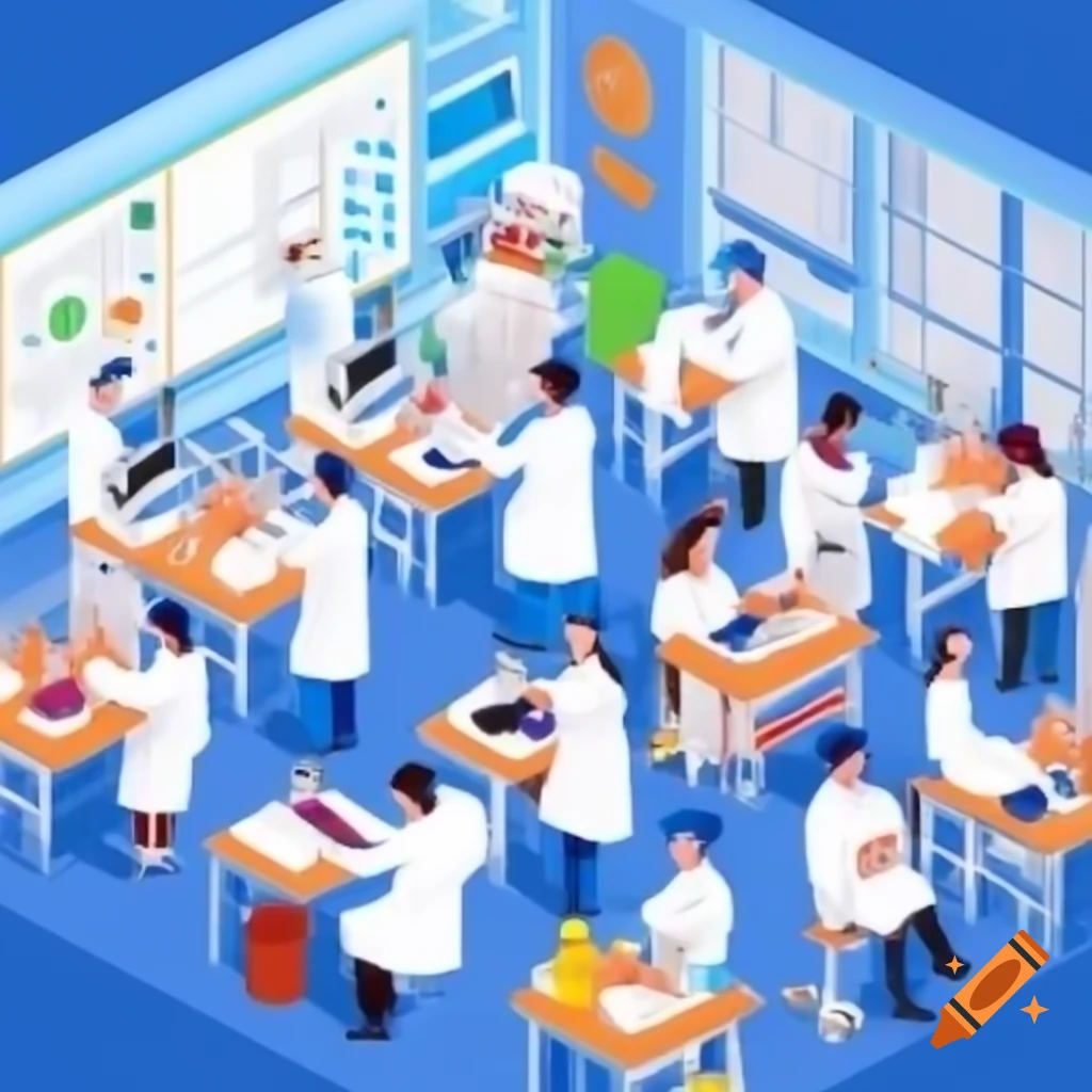 Brightly colored illustration of scientists in lab coats working in an ...