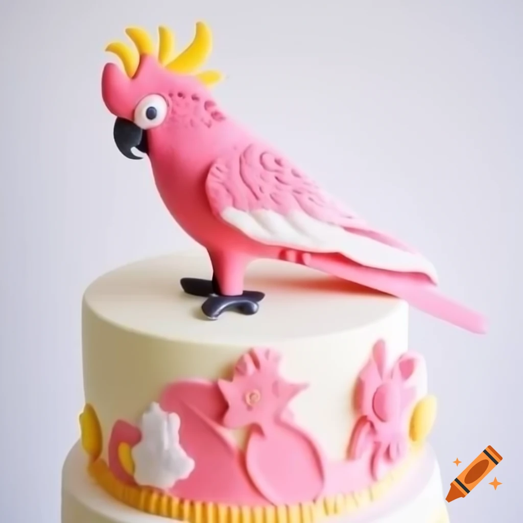 Pink cockatoo themed birthday cake decoration on Craiyon