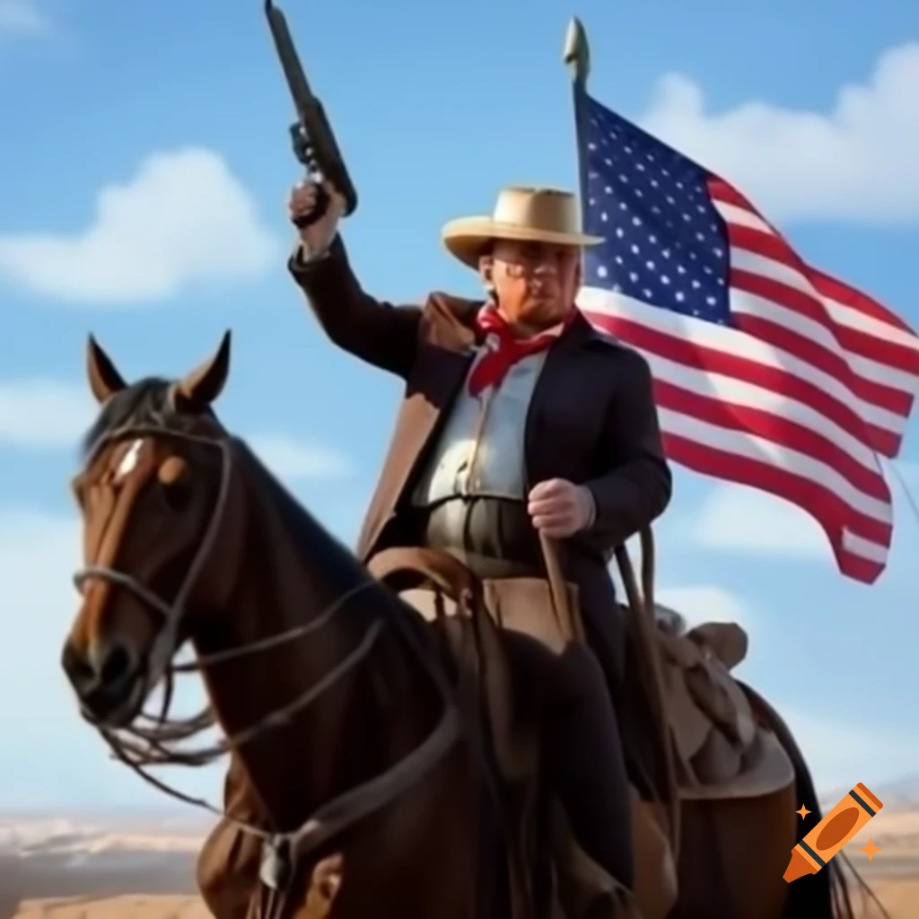 Donald Trump depicted as a cowboy riding a horse holding an American ...