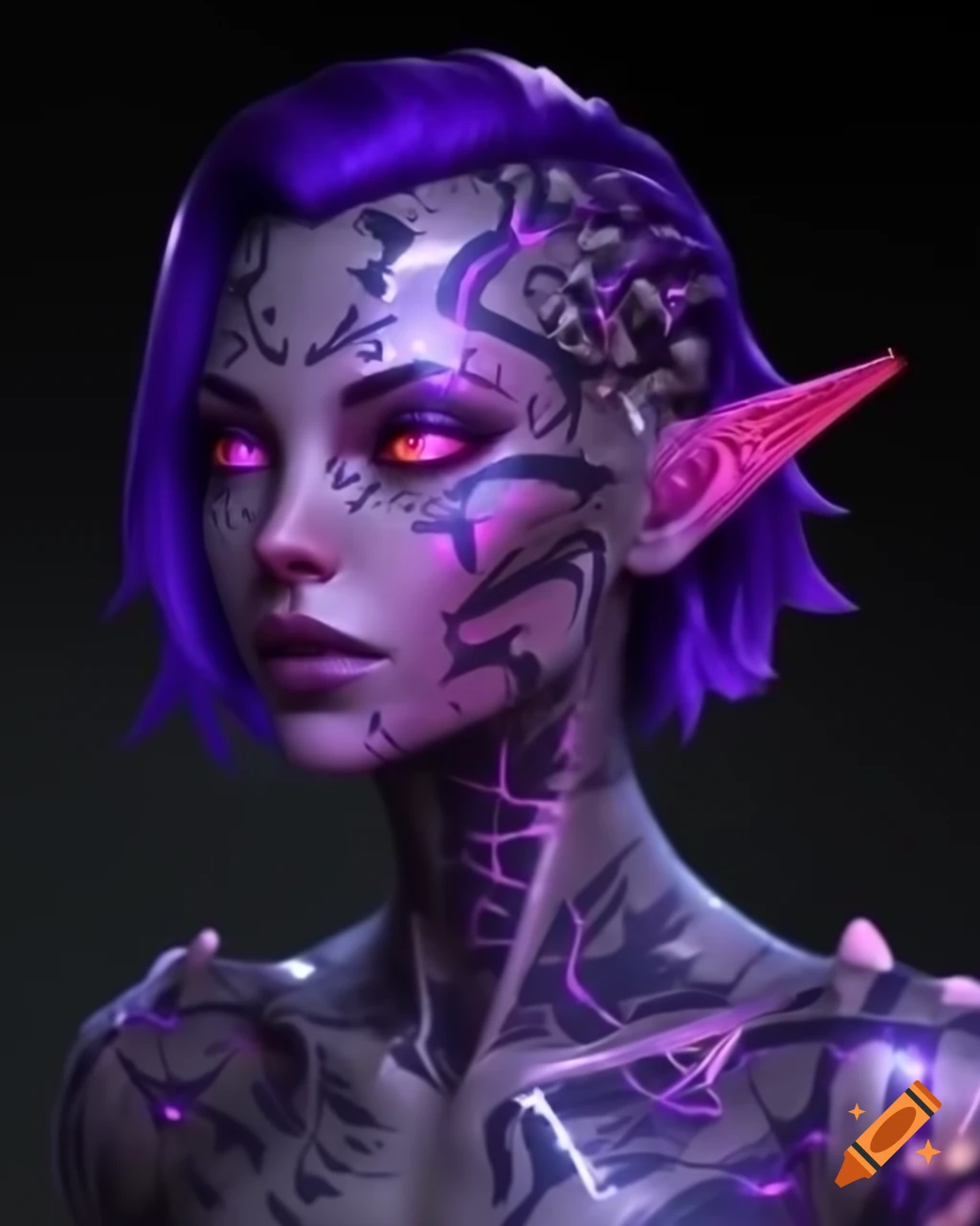 Female android with metallic skin and glowing purple tattoos on Craiyon