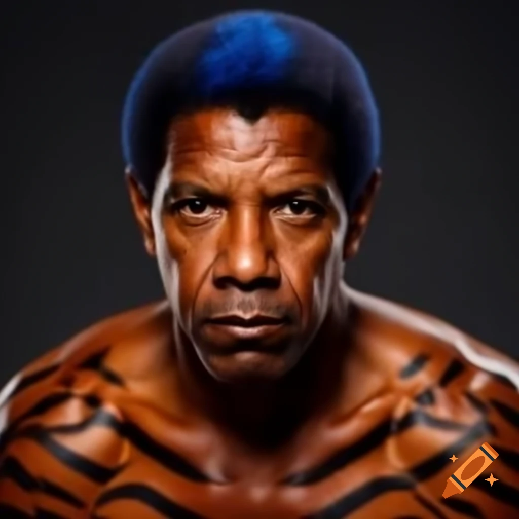 Muscular figure with tiger-style makeup featuring blue hair and orange ...