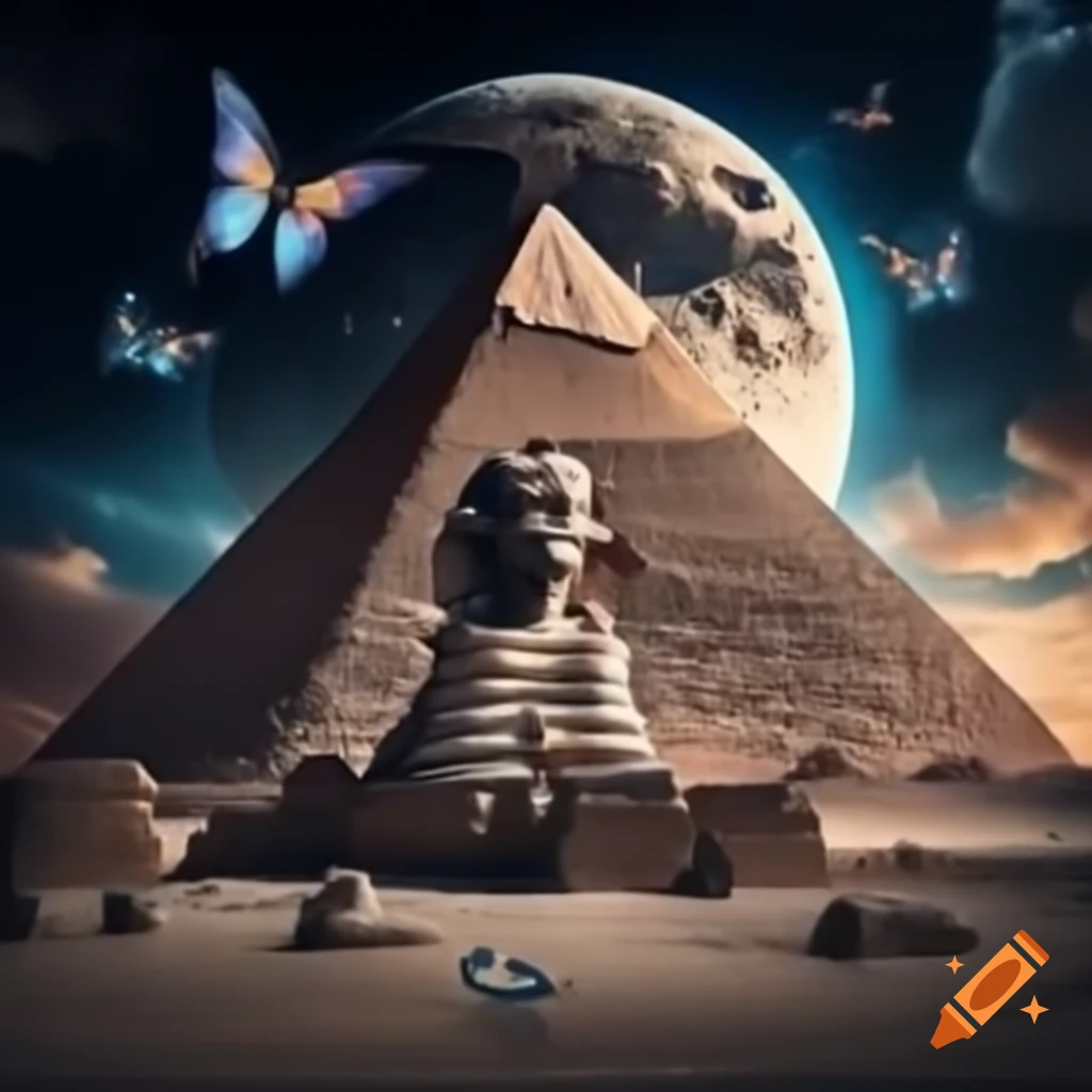 Pyramids and Sphinx in space illuminated by moonlight with butterflies ...