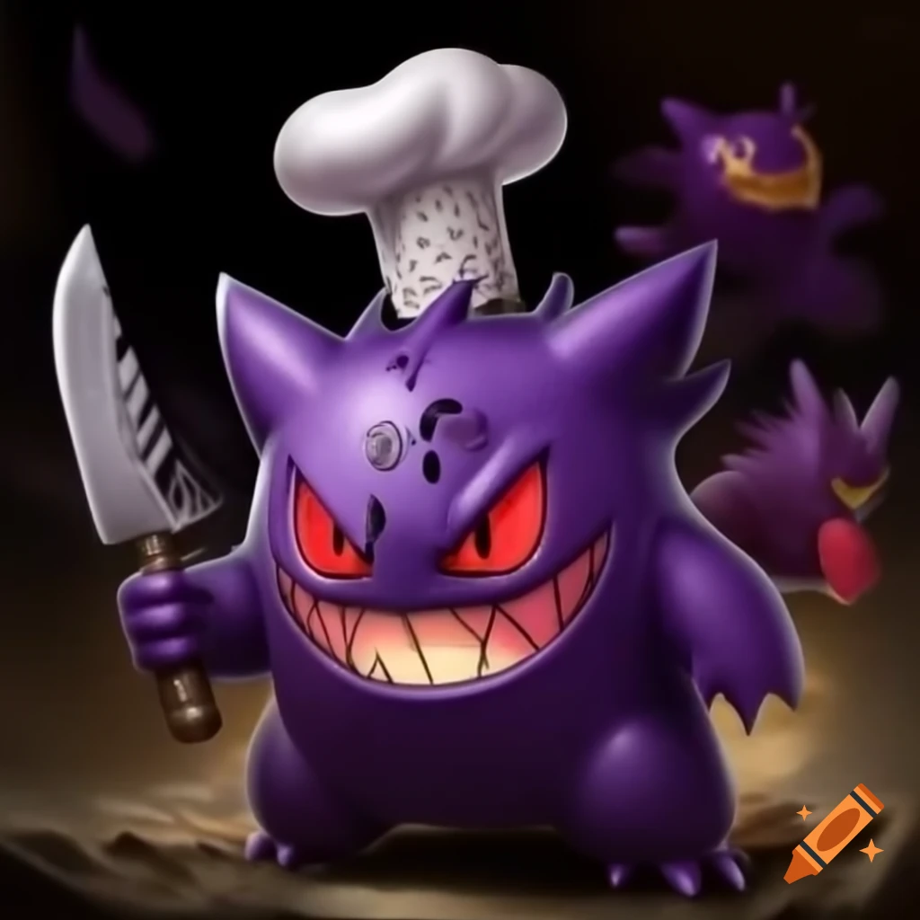 Mischievous Gengar in chef's hat with chef's knife, ready to cook ...
