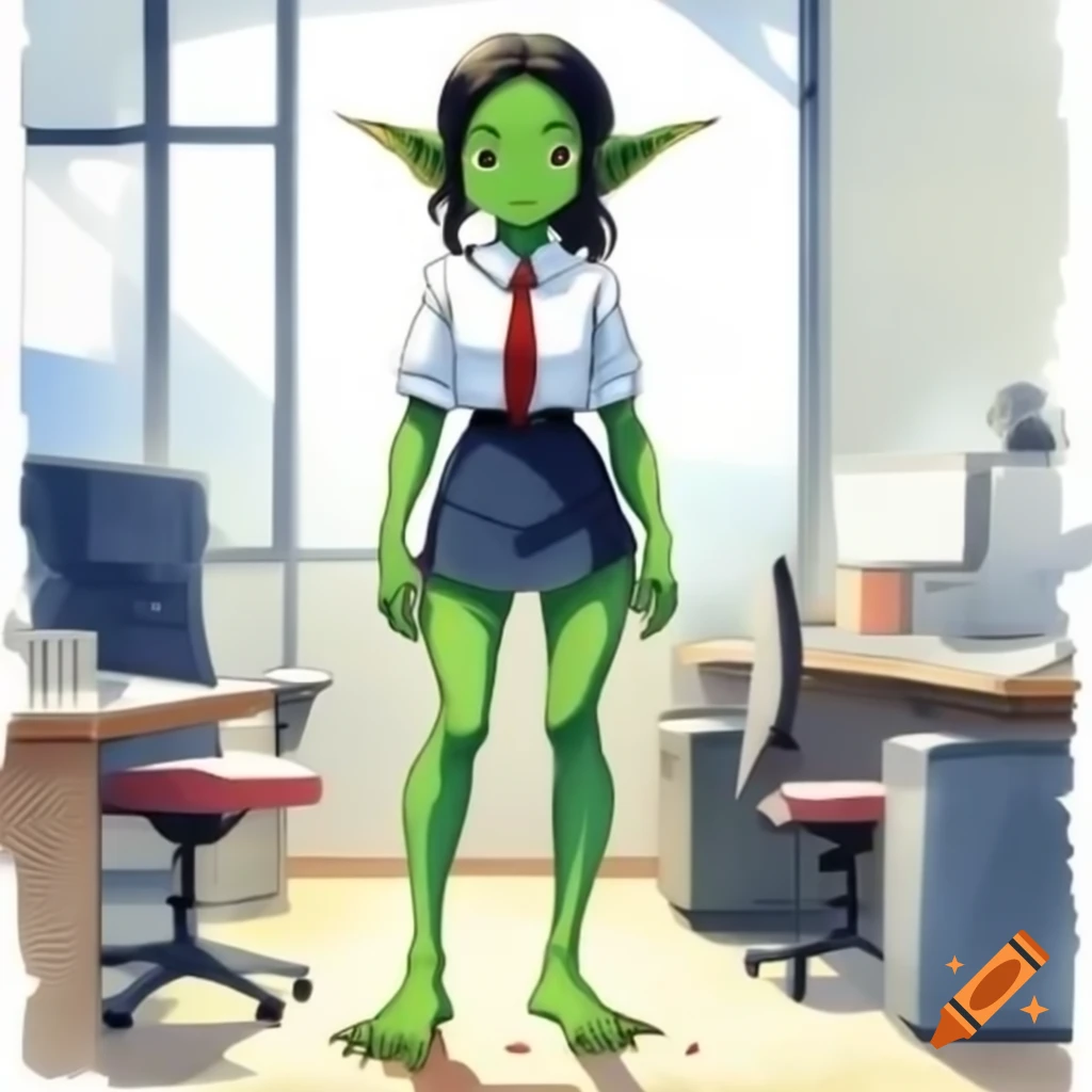 Anime goblin girl in skirtsuit barefoot in an office setting on Craiyon