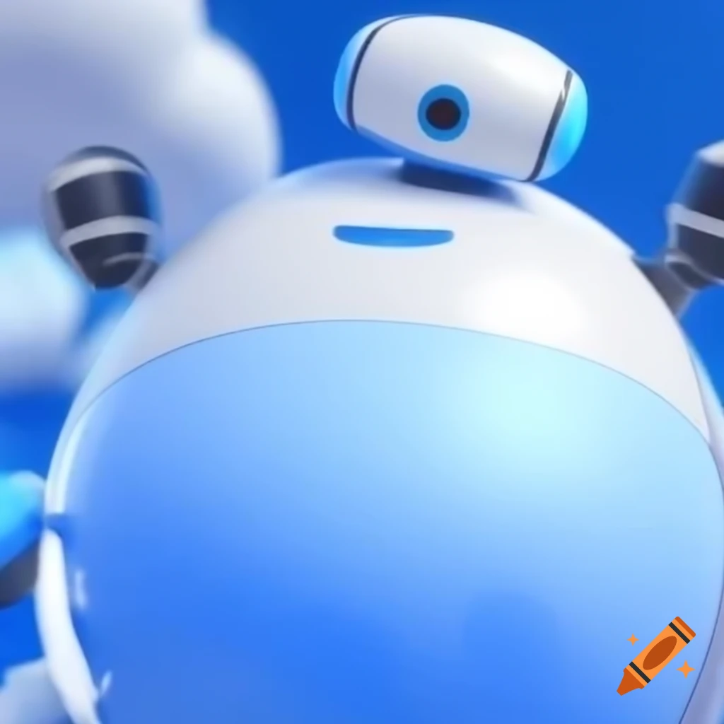Close-up of a glossy inflatable cute white and blue robot with antennas ...
