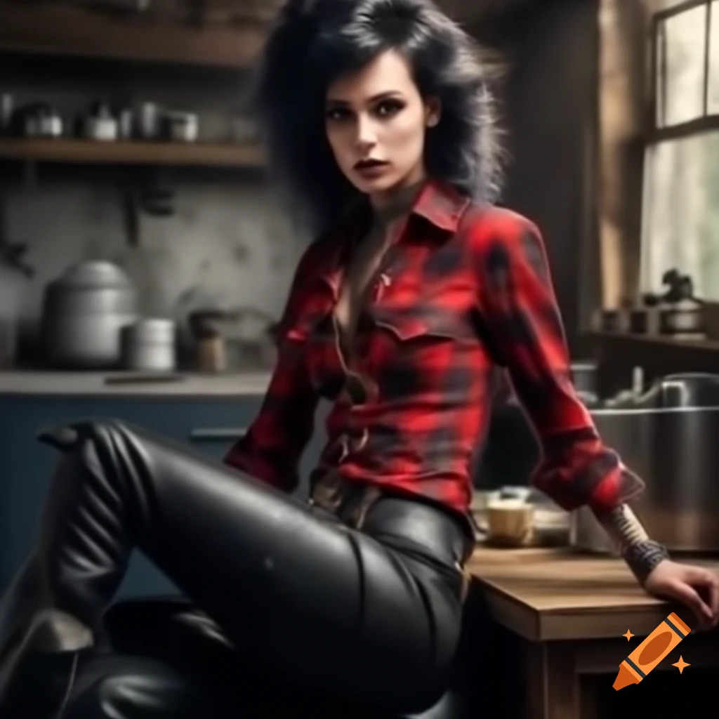 Punk-rocker female in red plaid shirt and black leather trousers ...