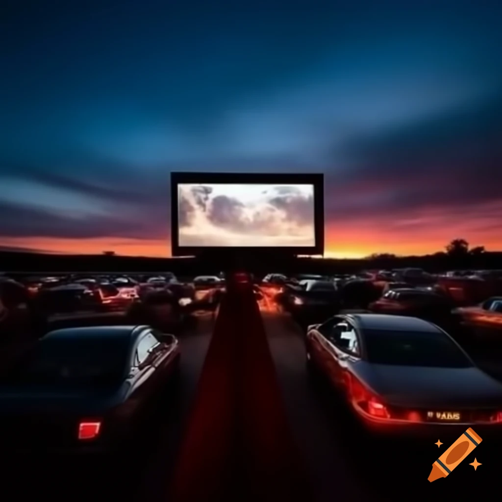 Drive-in cinema with cars and big screen under sunset sky on Craiyon