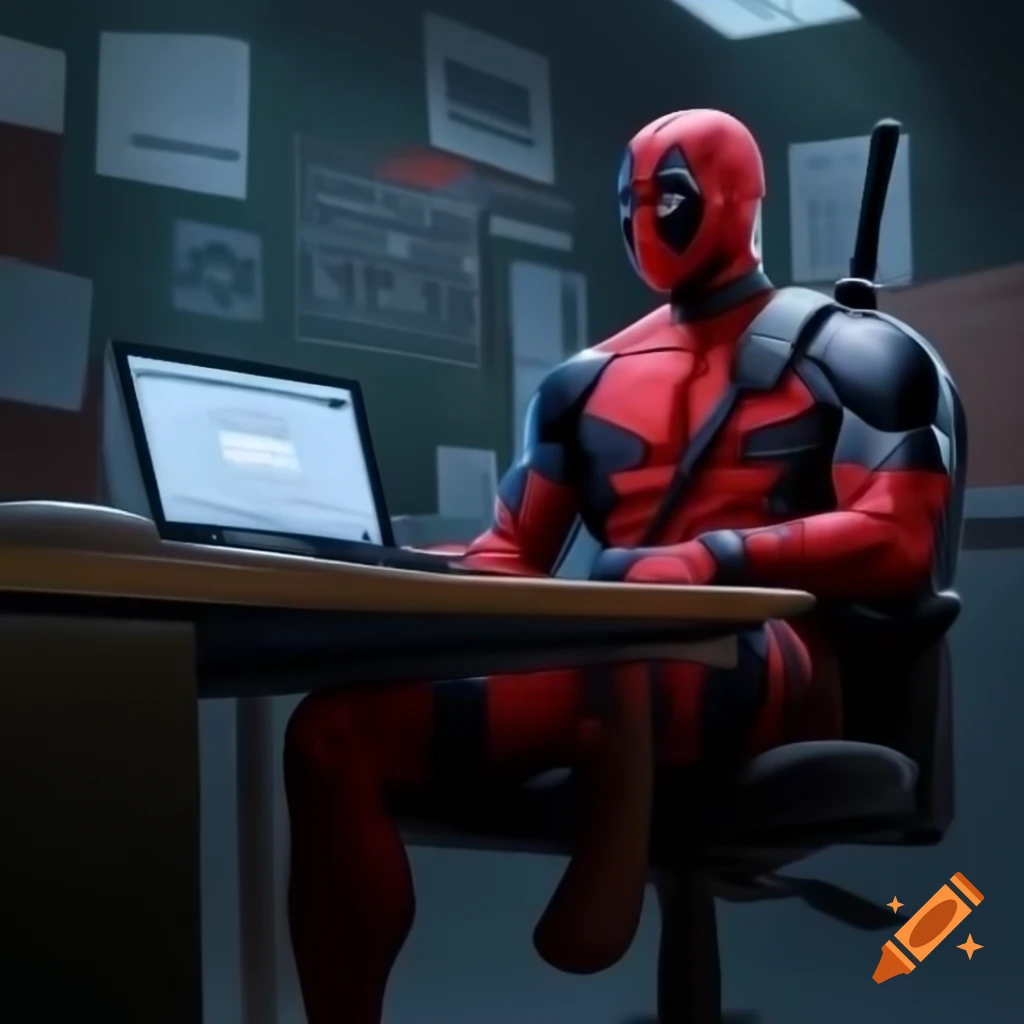 Deadpool sitting at desk with laptop in stylized office space on Craiyon
