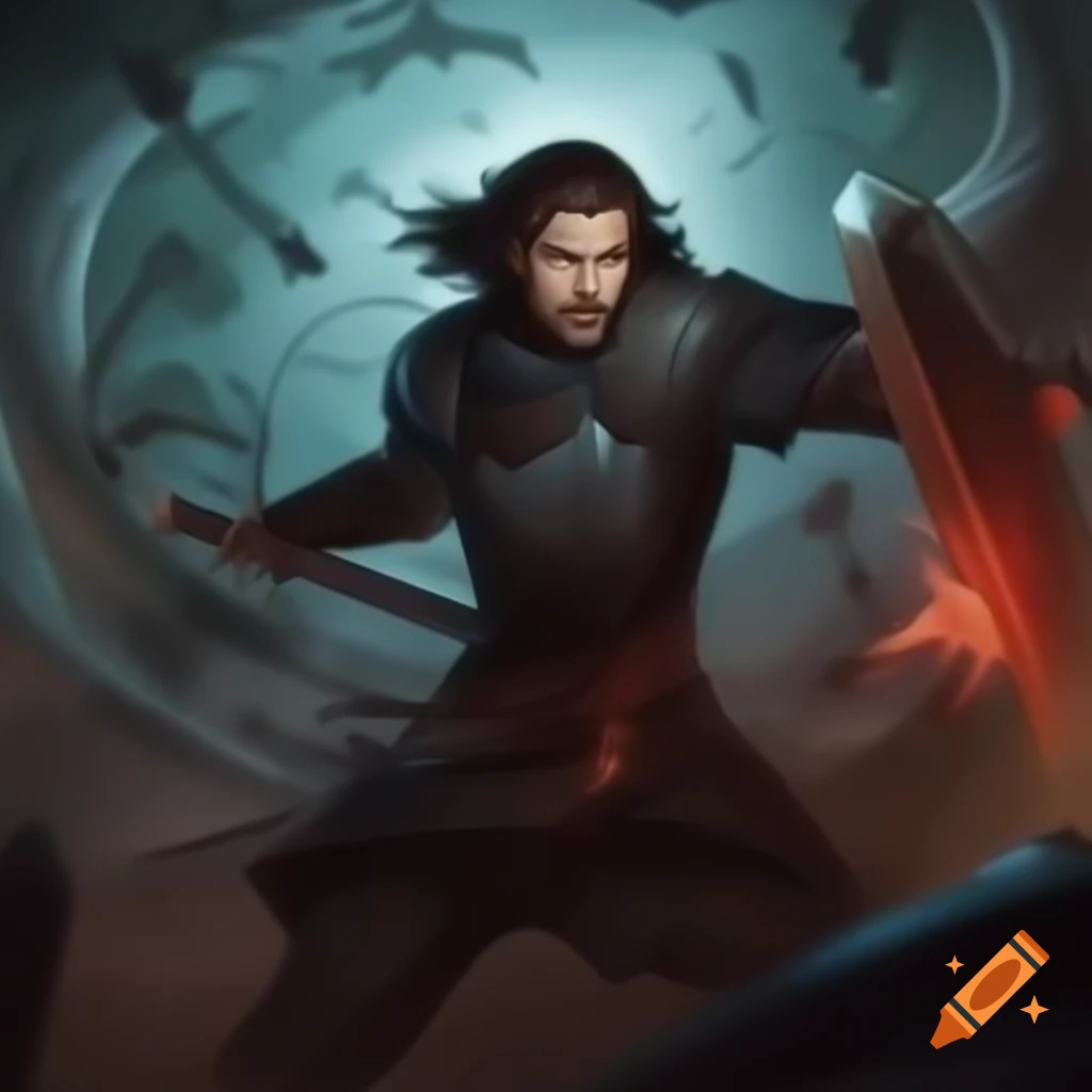 Medieval fantasy warrior with sword in whirlwind attack on Craiyon