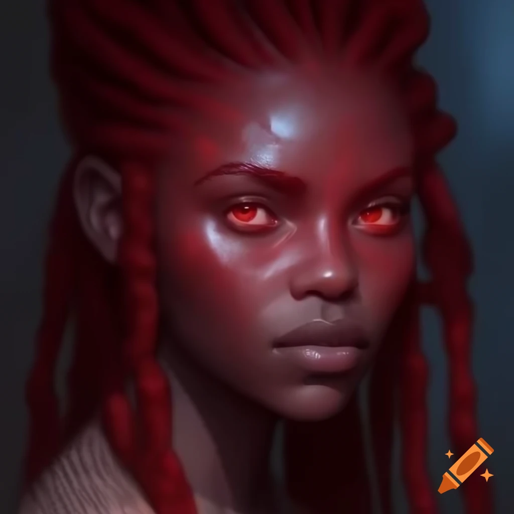 Ethereal woman with glass skin reflecting light and glowing red eyes on ...