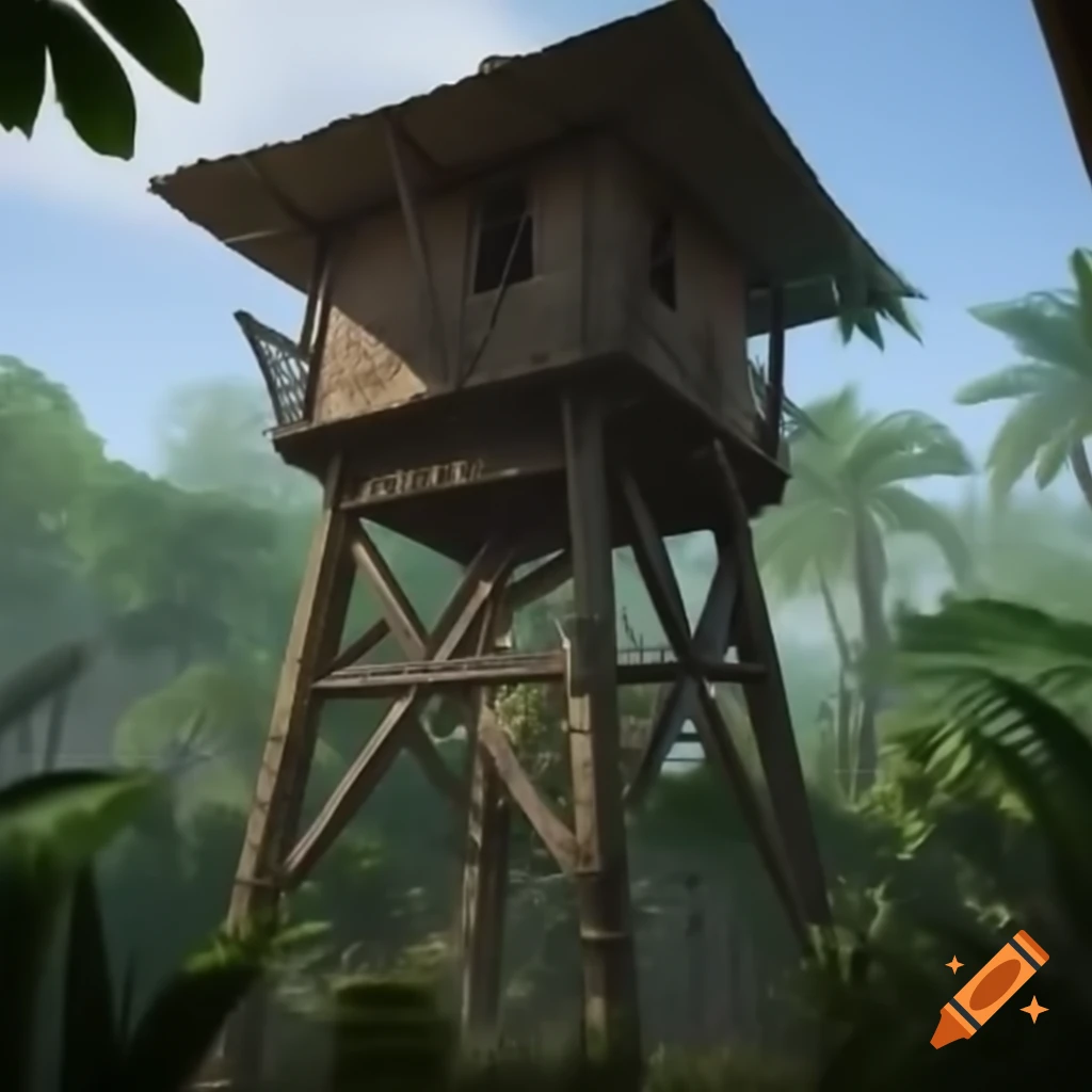 Military wooden sniper tower situated in a dense jungle on Craiyon