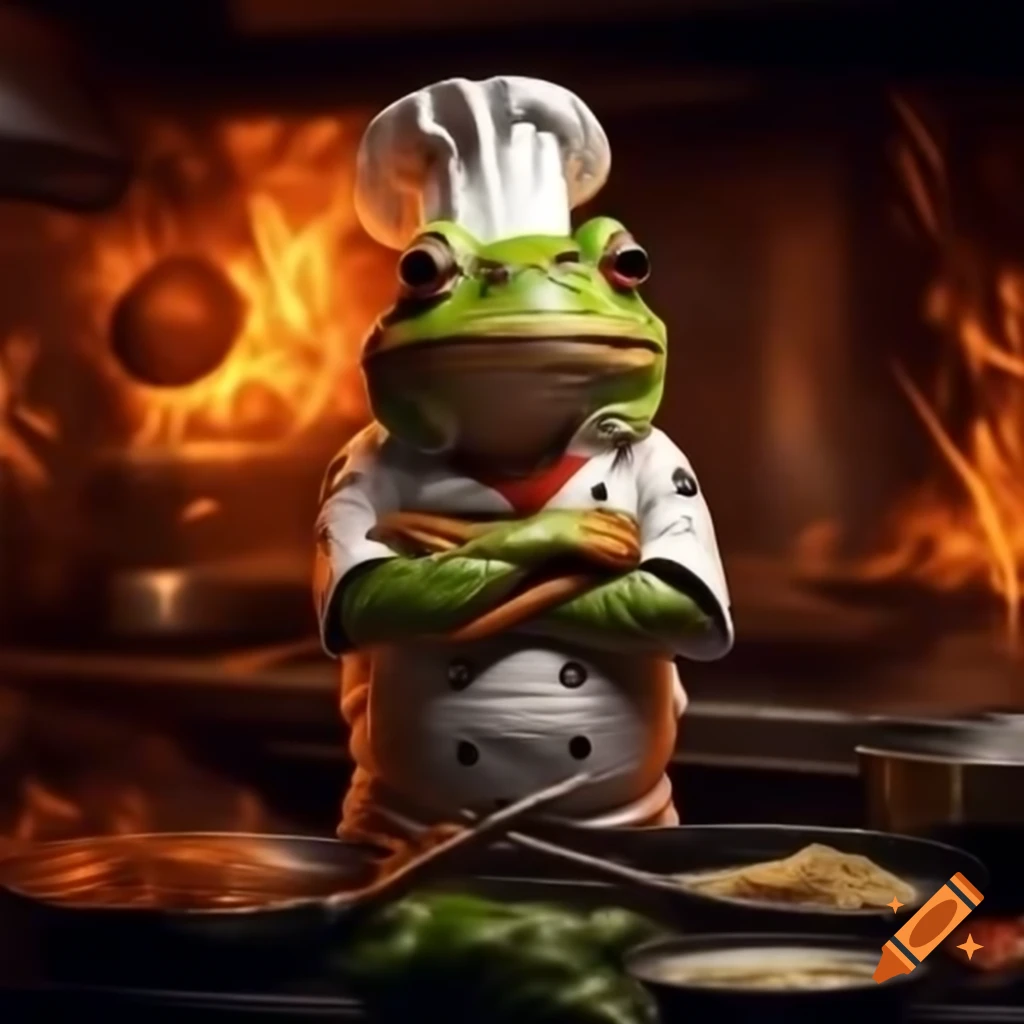 Frog chef with guy fieri hairstyle cooking energetically on Craiyon