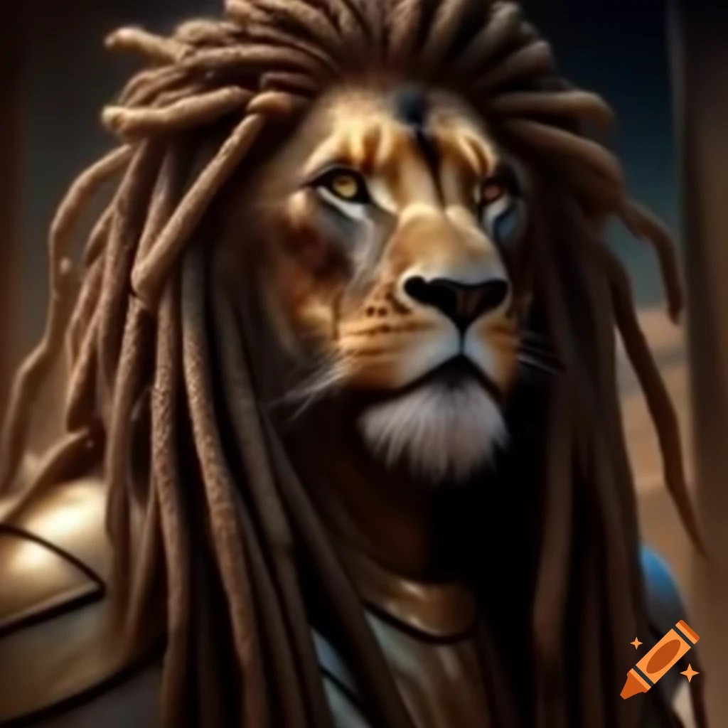 Lion with dreadlocks and angel wings in front of Babylon on Craiyon