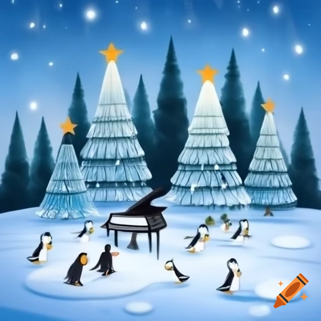 Christmas trees with small penguin, ice skating penguins, and musical ...