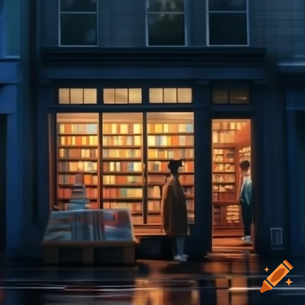 Cozy bookstore interior with rain outside and illuminated wooden ...