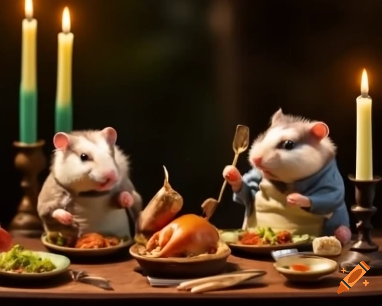 Hamsters enjoying a romantic miniature dinner with candles and roast ...