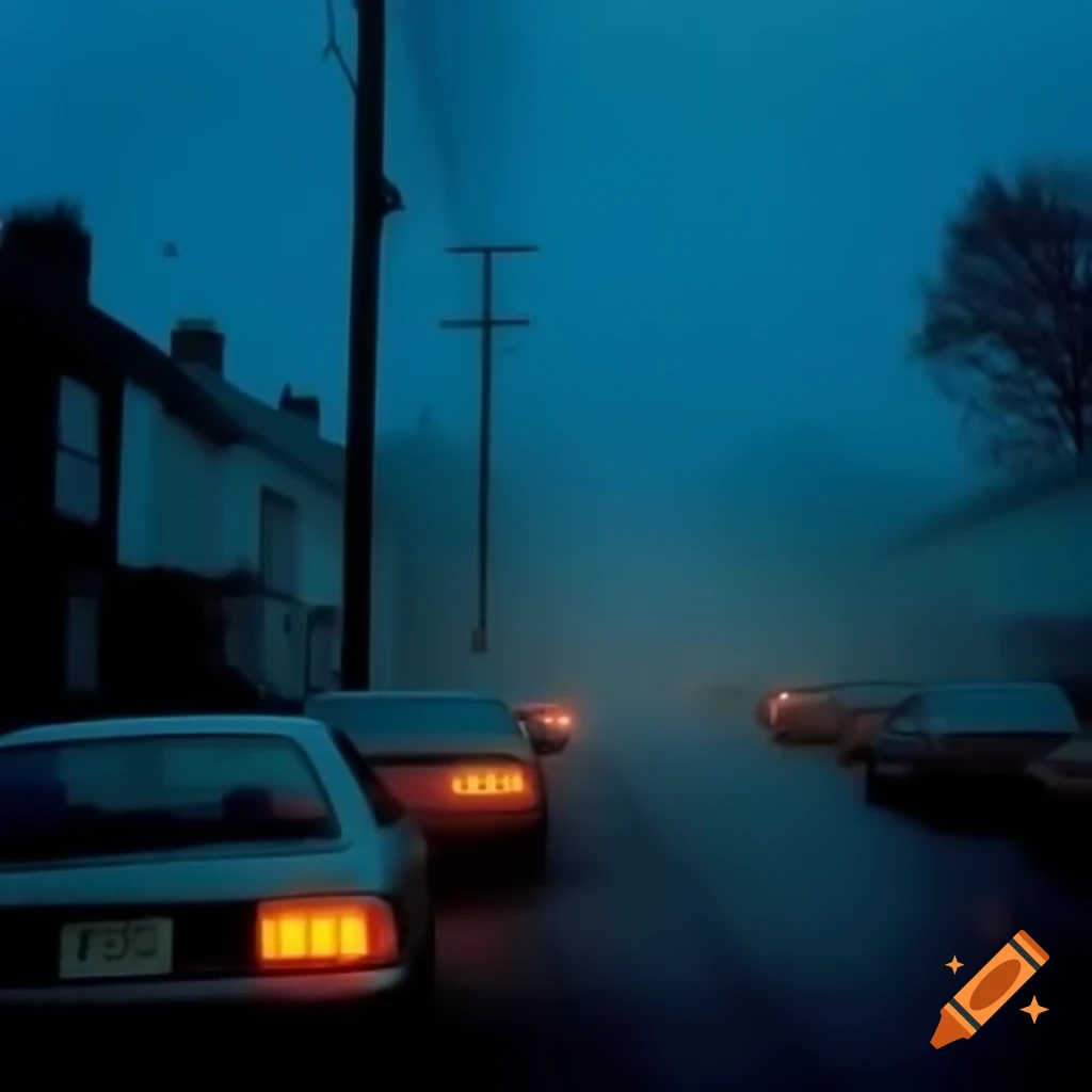 80s horror scene in John Carpenter style with foggy twilight town and ...